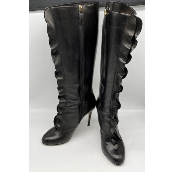 Valentino | Shoes | Valentino Black Leather Ruffle Kneehigh Stiletto ...
